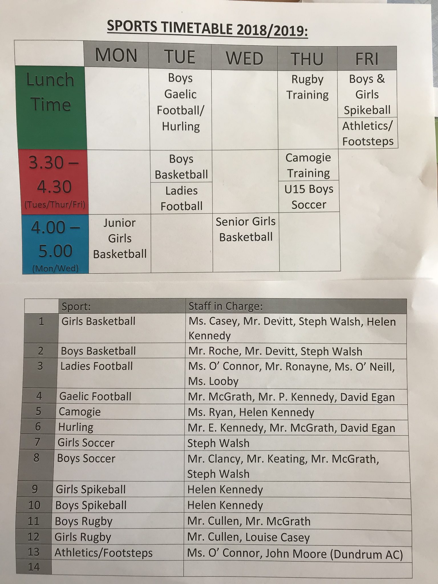 Sports Training Timetable 2018-19 – St Ailbe's School